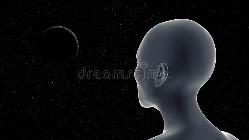 Rear View of a Human-like Alien Looking at a Rocky Planet in Deep Space ...