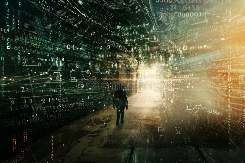 Futuristic Visualization of a Man Walking through a Digital Tunnel with ...