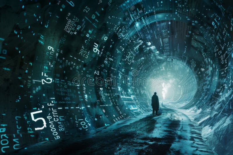 Futuristic Visualization of a Man Walking through a Digital Tunnel with ...