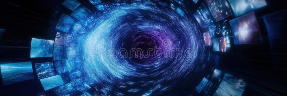 Futuristic Vortex Tunnel of Glowing Screens Displays Dynamic Info ...