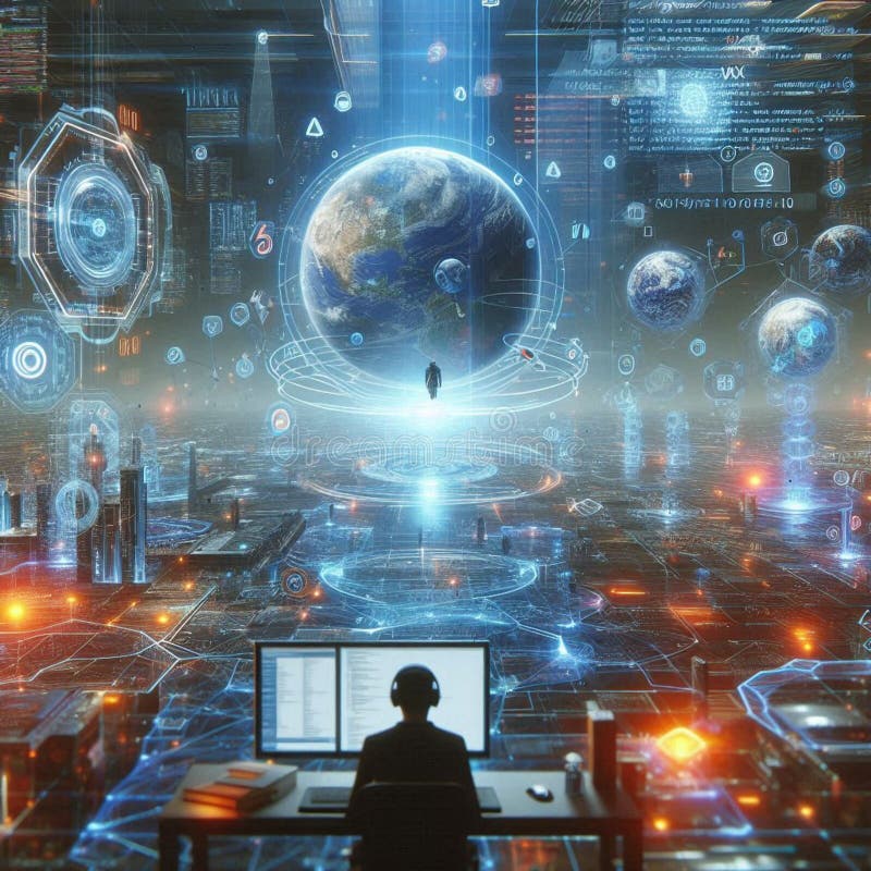 Futuristic VR Coding Environment with Floating Holographic Interfaces Stock Illustration ...