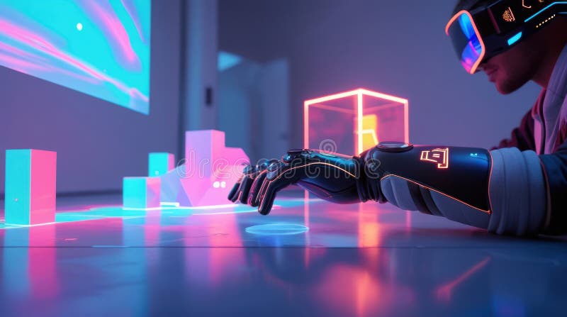 Futuristic VR Experience with Robotic Arm in Neon-Lit Environment ...