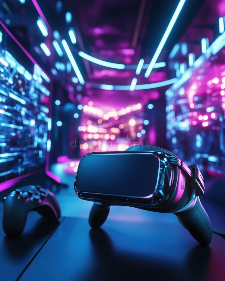 A Futuristic VR Gaming Setup with Headset and Motion Controllers in a ...