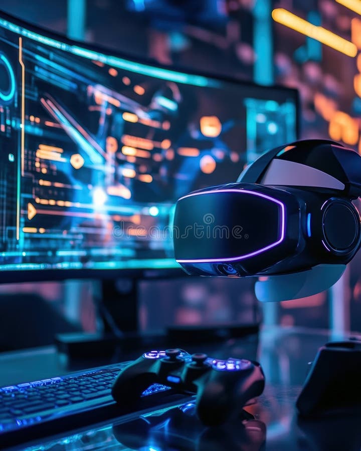 A Futuristic VR Gaming Setup with Headset and Motion Controllers in a ...