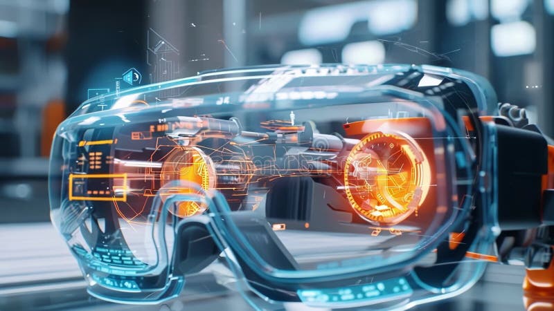 Futuristic Vr Goggles Showing 3d Model of an Engine in a Factory Stock ...