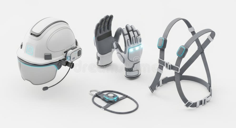 Futuristic Vr Headset and Haptic Gloves with Harness and Tracker Device ...