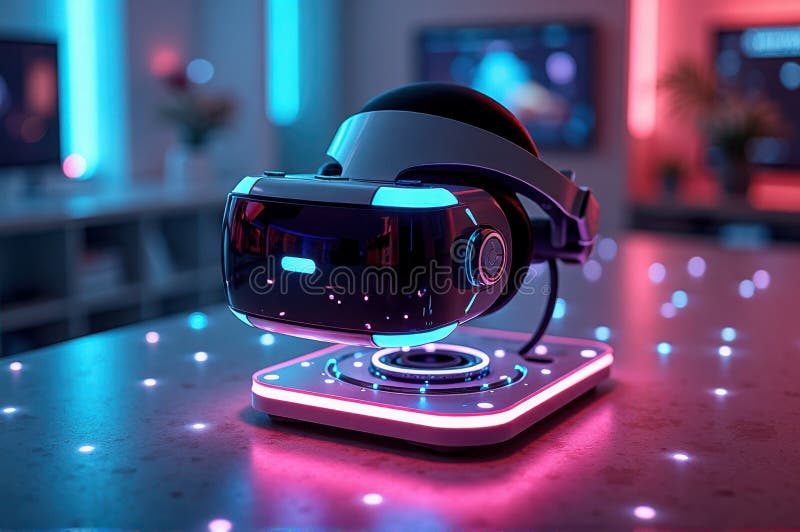 Futuristic Vr Headset on Illuminated Stand in Neon Lit Room Stock Image ...