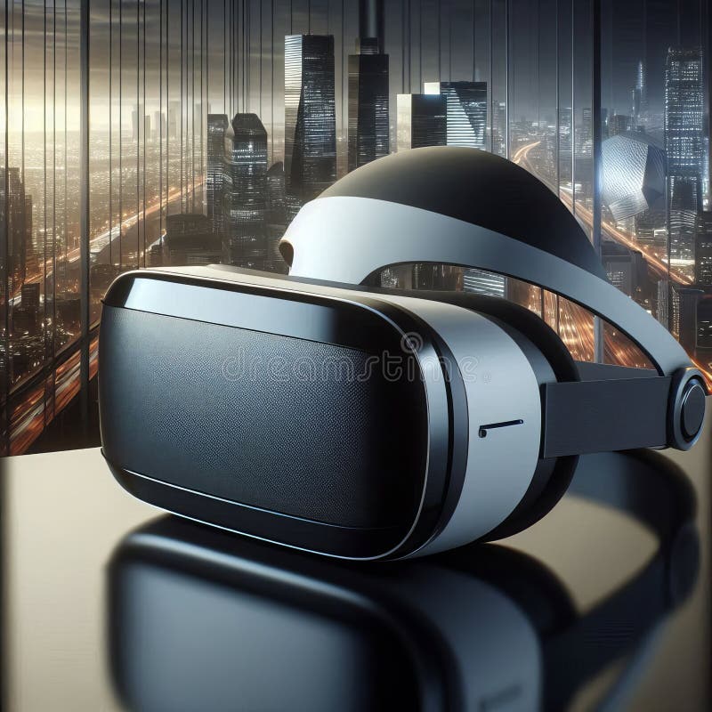 Futuristic VR Headset with Urban Skyline Backdrop Stock Image - Image ...