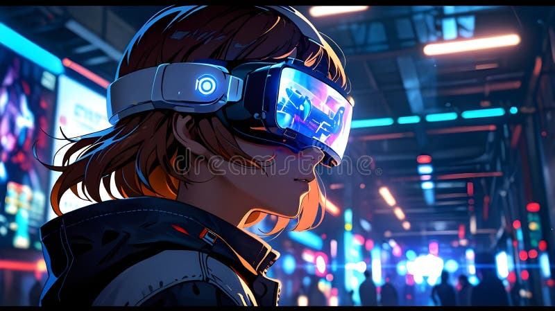 A Futuristic VR Headset Wearer Immersed in a Hyper-realistic Virtual ...