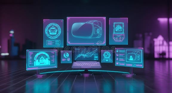 Futuristic VR Tech: Notebook Displays Virtual Reality Interface in Neon ...