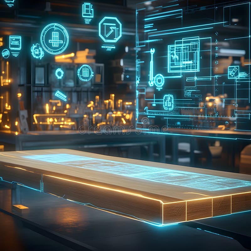 Futuristic VR Workshop with Holographic Planks and Digital Blueprints ...