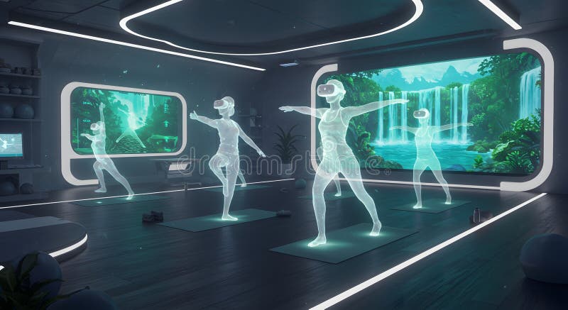Futuristic VR Yoga Class in a Modern Wellness Center Stock Illustration ...