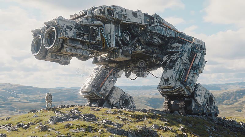 Futuristic Walker Robot on a Hill, Astronaut Observing Stock ...
