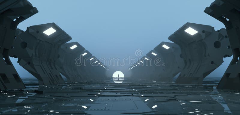 Futuristic Walkway on a Cloudy Day . Stock Illustration - Illustration ...
