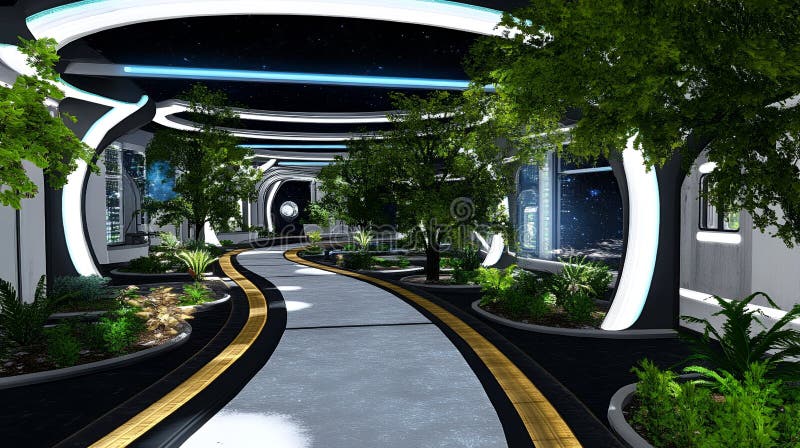 Futuristic Walkway with Trees and Windows Stock Illustration ...