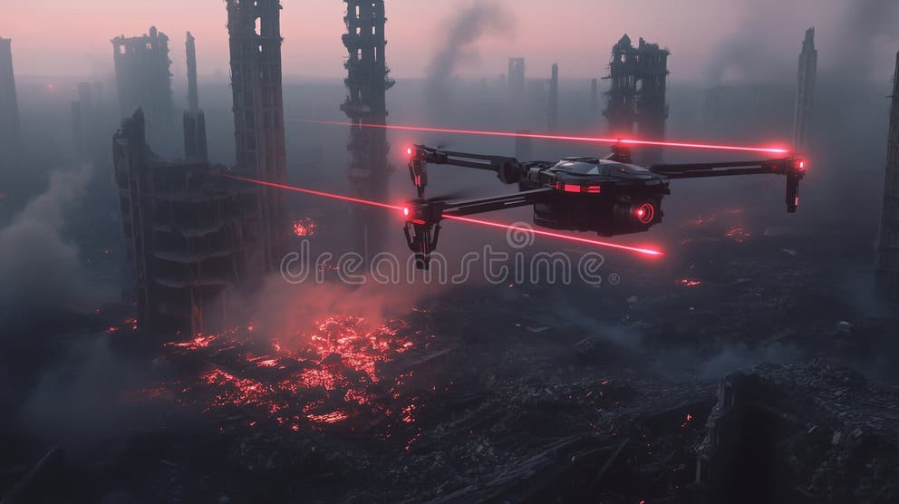 Futuristic War Drone Conducts Surveillance Over a Devastated ...