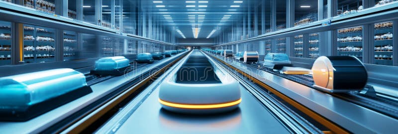 Futuristic Warehouse with Advanced Robotic Conveyors Transporting ...