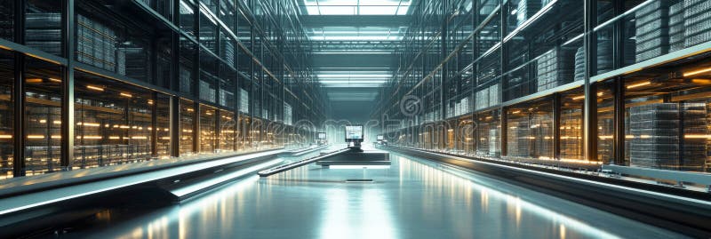 Futuristic Warehouse with Advanced Robotic Conveyors Transporting ...