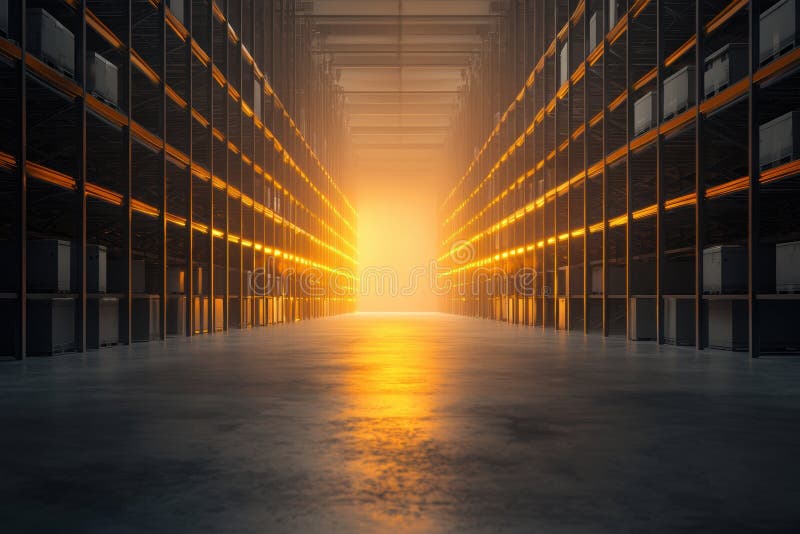 Futuristic Warehouse with Shelves and Illuminated Pallets Creates ...