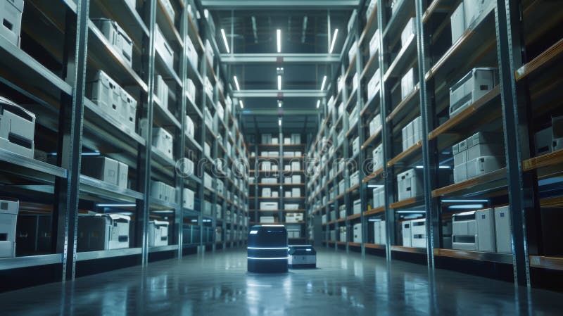 Futuristic Warehouse with Autonomous Robot and Organized Shelves in a ...