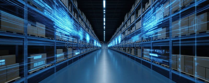 Futuristic Warehouse Corridor Displays Digital Data Projections in Blue ...
