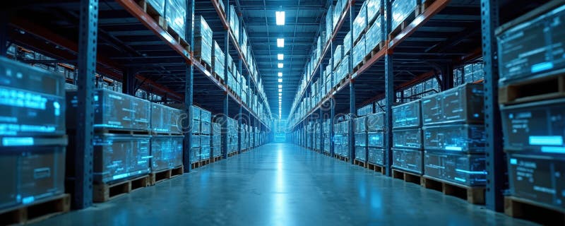 Futuristic Warehouse with Shelves and Illuminated Pallets Creates ...
