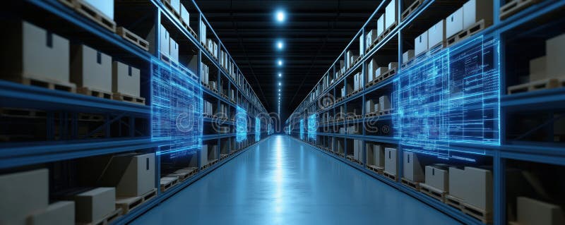 Futuristic Warehouse Corridor Shows Tech Innovation. Blue Digital Data ...