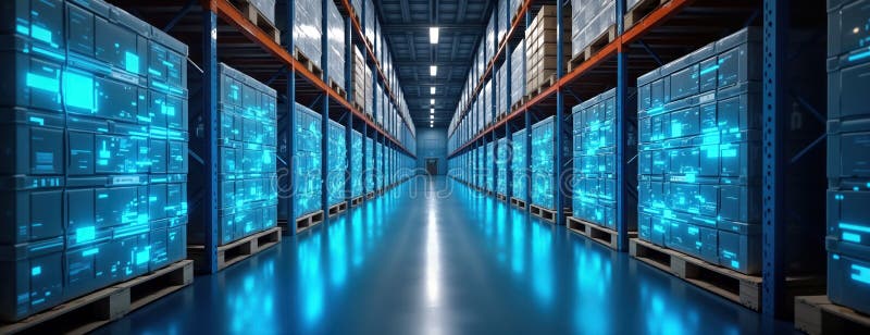 Futuristic Warehouse Corridor Shows Tech Storage Systems with Glowing ...