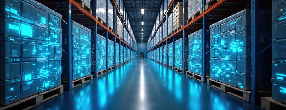 Futuristic Warehouse Corridor Shows Tech Storage Systems with Glowing ...