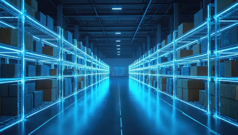 Futuristic Warehouse with Shelves and Illuminated Pallets Creates ...
