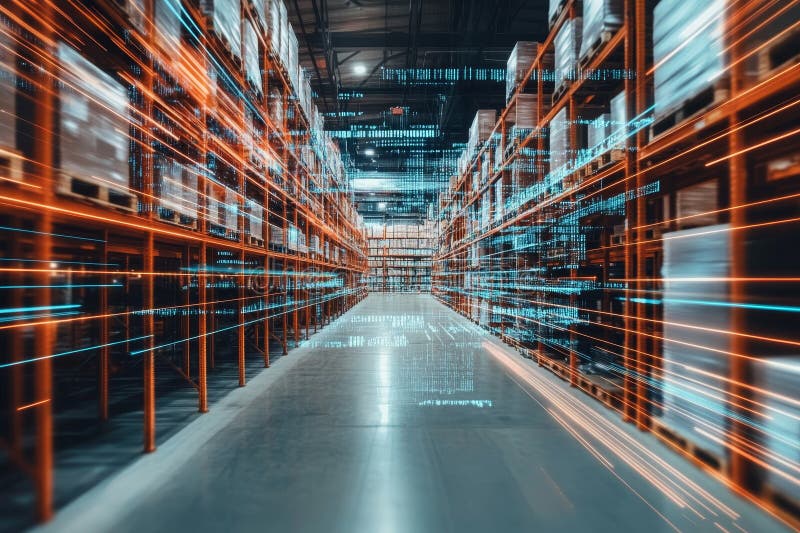Futuristic Warehouse with Digital Data Streams Enhancing Stock ...