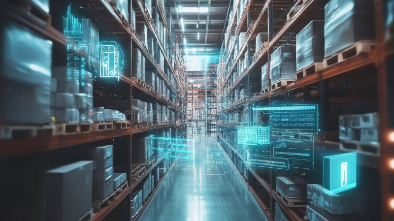 Futuristic Warehouse with Digital Interface Holograms Stock Image ...