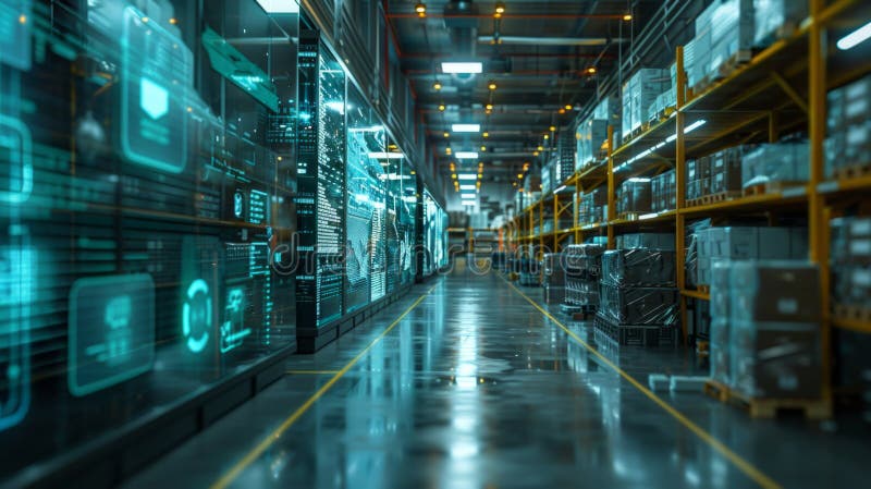 Futuristic Warehouse with Digital Interfaces Lining the Shelves ...