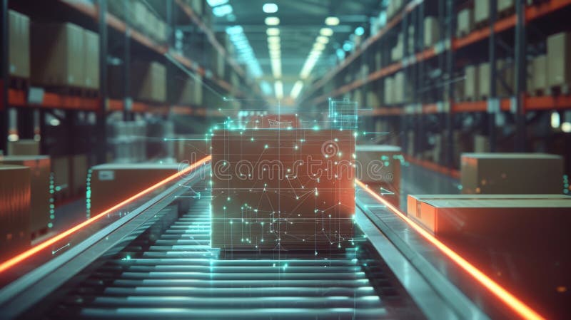 A Futuristic Warehouse with a Glowing Digital Grid Emanating from a ...