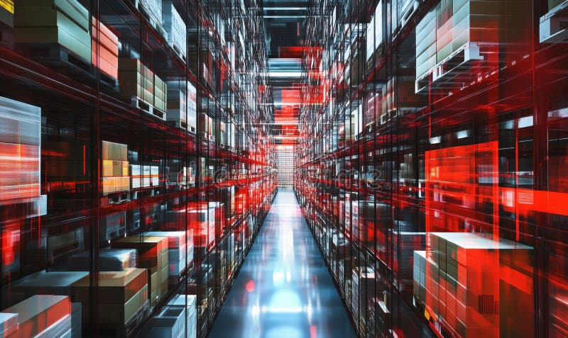 Futuristic Warehouse with Illuminated Shelves and Packages, Showcasing ...