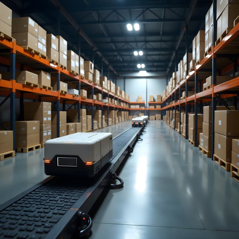 Futuristic Warehouse Interior with Autonomous Robots in Modern Smart ...