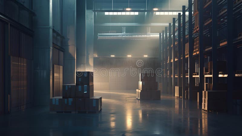 Futuristic Warehouse Interior at Dusk. Sci-fi Scene with Atmospheric ...
