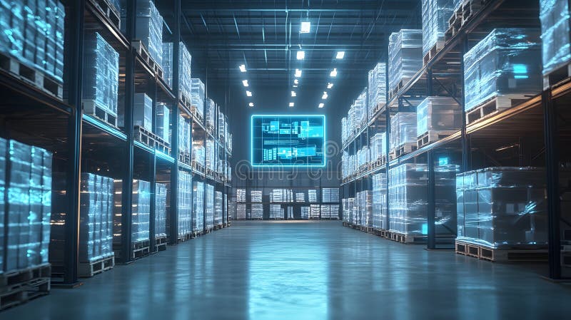 Futuristic Warehouse Interior with Glowing Blue Digital Boxes and ...