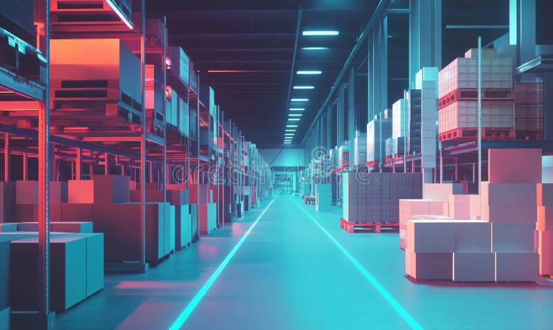 Futuristic Warehouse with Shelves and Illuminated Pallets Creates ...