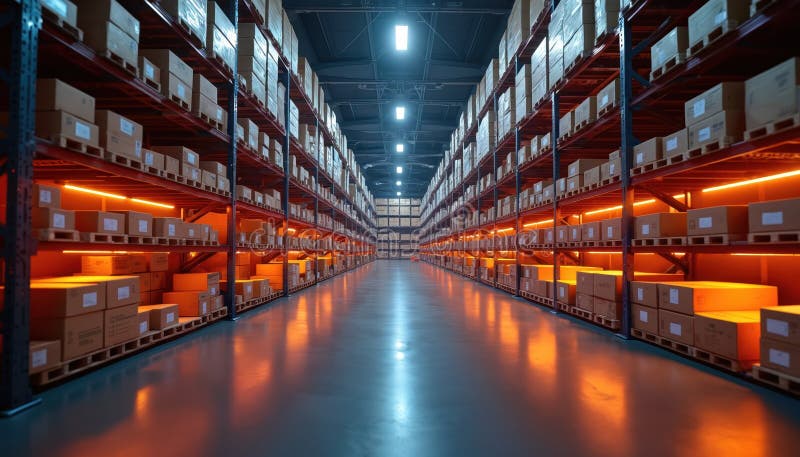 Futuristic Warehouse with Shelves and Illuminated Pallets Creates ...