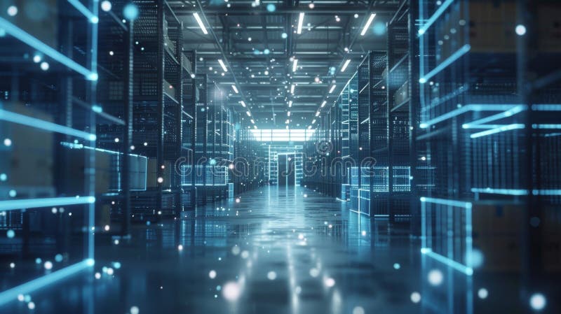 Futuristic Warehouse Management System with Glowing Blue Lights Stock ...