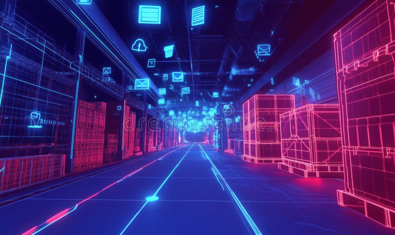 Futuristic Warehouse with Neon Digital Icons Representing Data and ...