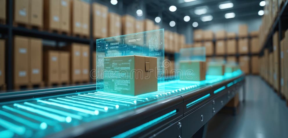 Futuristic Warehouse with Parcels on Conveyor Belt. Holographic Data ...