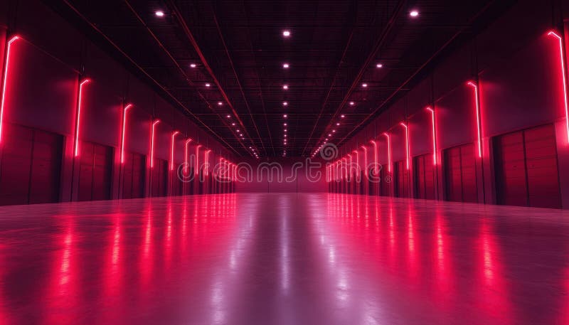Futuristic Warehouse with Red Neon Lighting in a Modern Garage Setting ...