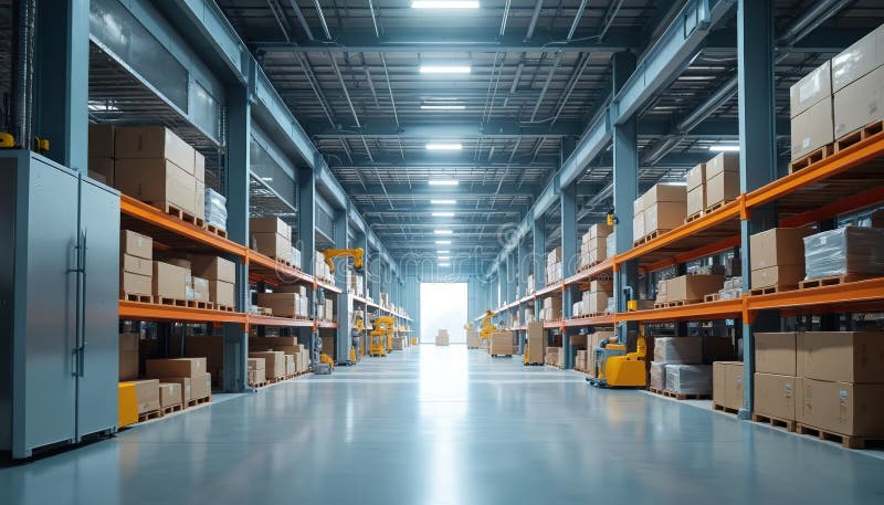 Futuristic Warehouse with Shelves and Illuminated Pallets Creates ...