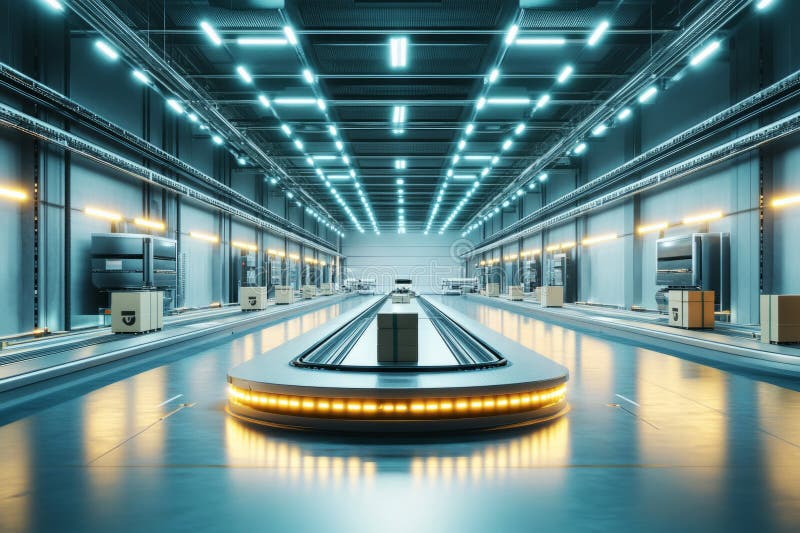 A Futuristic Warehouse with Robotic Conveyors Moving Packages ...