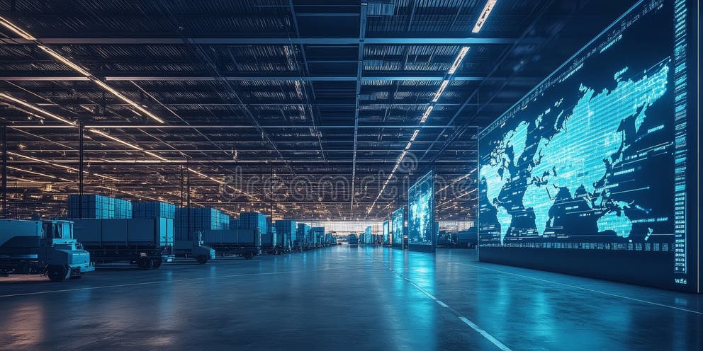 Modern Warehouse Interior with Digital World Map and Logistics ...