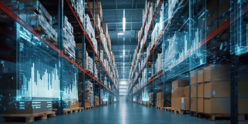 Futuristic Warehouse with Shelves and Illuminated Pallets Creates ...