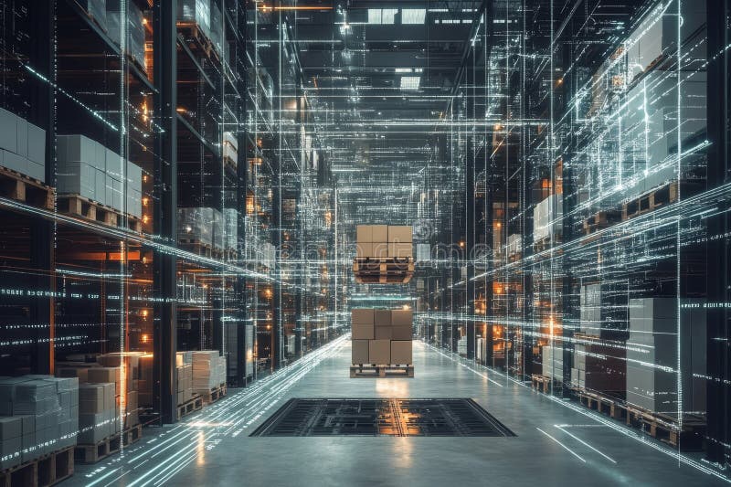 Futuristic Warehouse Showcasing Floating Shelves and Dynamic Data Flow for Efficient Item ...