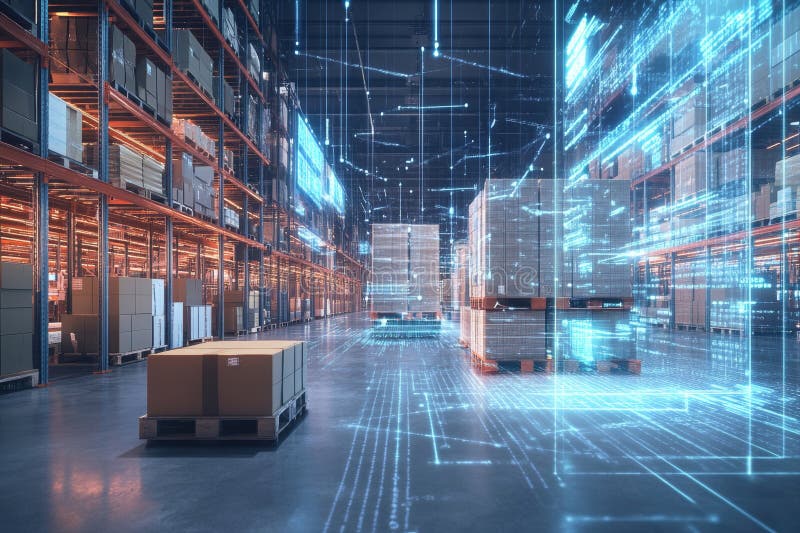 Futuristic Warehouse Showcasing Floating Shelves and Dynamic Data Flow ...